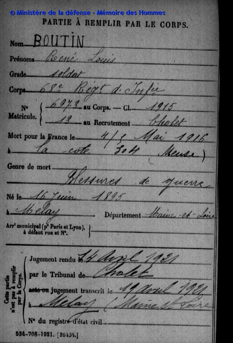 René Louis BOUTIN, Mort pour la France le 4 mai 1916, Poilu de Melay ...
